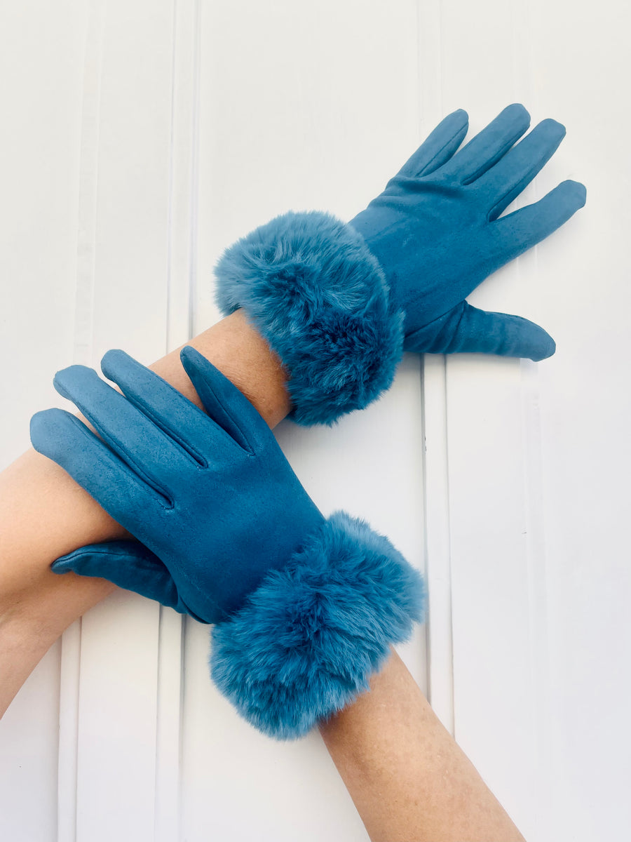 Deep turquoise faux fur trim gloves – bibi Padstow